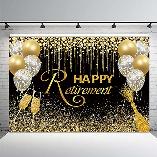 MEHOFOND Happy Retirement Backdrop Black and Gold Glitter Diamond Balloon Photography Background Black Gold Shinning Sparkle Congrats Retirement Party Decorations Banner Photo Studio Props 7x5ft