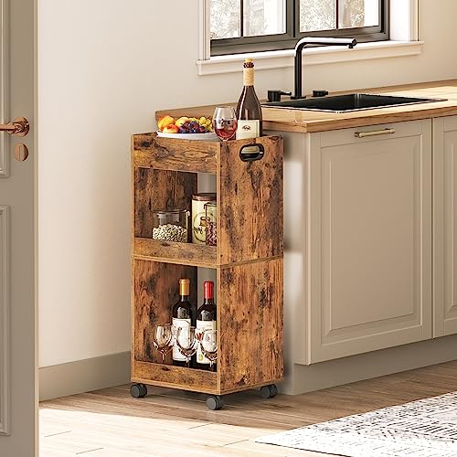 MAHANCRIS 3-Tier Rolling Serving Bar Cart, Industrial Bar Cart for The Home, Beverage Cart with Storage Shelves, Utility Storage Cart with Wheels, for Kitchen Dinning Room, Bar, Rustic Brown RCHR8101