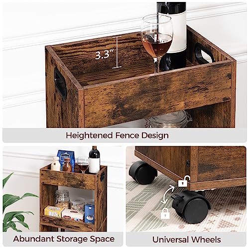 MAHANCRIS 3-Tier Rolling Serving Bar Cart, Industrial Bar Cart for The Home, Beverage Cart with Storage Shelves, Utility Storage Cart with Wheels, for Kitchen Dinning Room, Bar, Rustic Brown RCHR8101