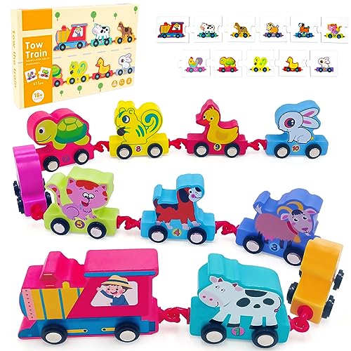 ZRCCOX Wooden Farm Animals Train Set Toy for 2 3 4 Year Old Girls and Boys Birthday Gifts Montessori Toddlers Toys for Ages 2-4 Boy Toy Train Learning Educational Toys for Kids 1-2-4