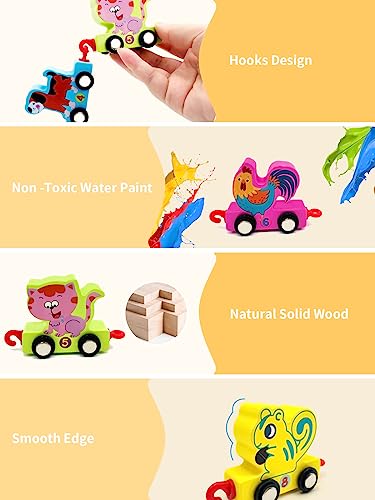 ZRCCOX Wooden Farm Animals Train Set Toy for 2 3 4 Year Old Girls and Boys Birthday Gifts Montessori Toddlers Toys for Ages 2-4 Boy Toy Train Learning Educational Toys for Kids 1-2-4