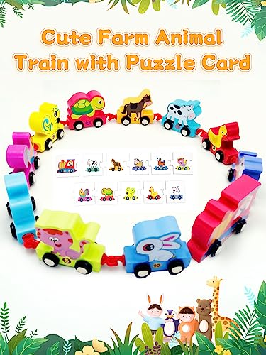 ZRCCOX Wooden Farm Animals Train Set Toy for 2 3 4 Year Old Girls and Boys Birthday Gifts Montessori Toddlers Toys for Ages 2-4 Boy Toy Train Learning Educational Toys for Kids 1-2-4