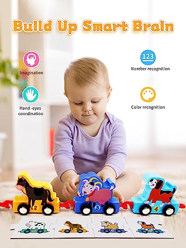 ZRCCOX Wooden Farm Animals Train Set Toy for 2 3 4 Year Old Girls and Boys Birthday Gifts Montessori Toddlers Toys for Ages 2-4 Boy Toy Train Learning Educational Toys for Kids 1-2-4