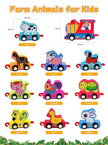 ZRCCOX Wooden Farm Animals Train Set Toy for 2 3 4 Year Old Girls and Boys Birthday Gifts Montessori Toddlers Toys for Ages 2-4 Boy Toy Train Learning Educational Toys for Kids 1-2-4