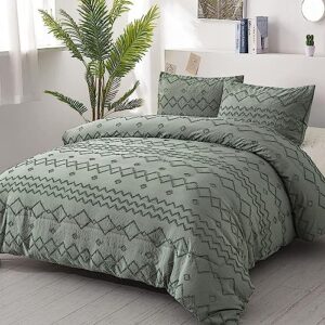 green tufted comforter set cal king size (102×96 inches), boho shabby chic comforter geometry embroidery bedding set 3 pieces (1 comforter + 2 pillowcases), soft microfiber comforter for all seasons