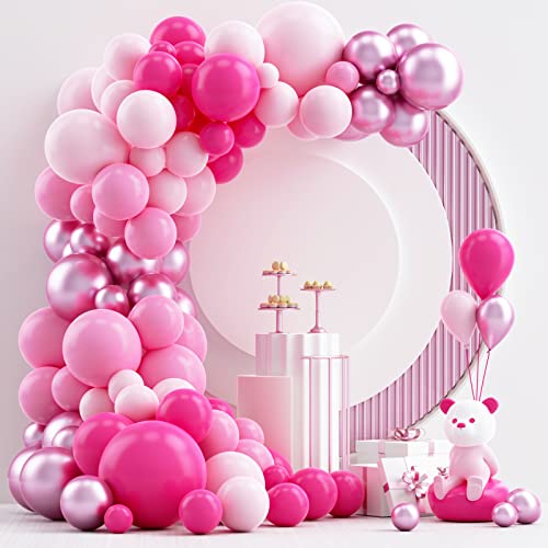 NISOCY 124Pcs Pink Balloons Garland Arch Kit, 18In 12In 10In 5In Different Size Hot Pink Metallic Pink Balloons for Engagement, Wedding, Birthday, Baby Shower, Princess Theme Valentine's Decorations