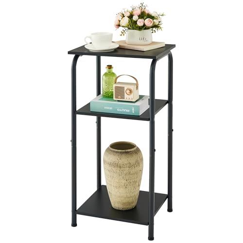 Tajsoon Tall End Table 3 Tier 30 Inch Narrow Side Table with Storage Shelves, Small Table Stand for Small Spaces with Metal Frame, Small Sofa Table for Living Room, Bedroom, Office, Black