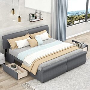 GLORHOME King Size Upholstered Platform Bed Frame with Underneath 2 Storage Drawers and Comfortable Headboard