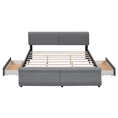 GLORHOME King Size Upholstered Platform Bed Frame with Underneath 2 Storage Drawers and Comfortable Headboard