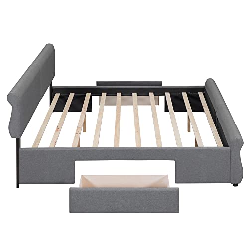 GLORHOME King Size Upholstered Platform Bed Frame with Underneath 2 Storage Drawers and Comfortable Headboard