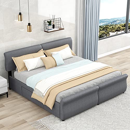 GLORHOME King Size Upholstered Platform Bed Frame with Underneath 2 Storage Drawers and Comfortable Headboard