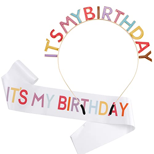 BAHABY Birthday Crowns for Women, IT'S MY BIRTHDAY Sash & Birthday Headband Set Princess Birthday Sash and Tiara Birthday Gifts for Women Girls Sweet Happy Birthday Accessories for Party - Multicolor