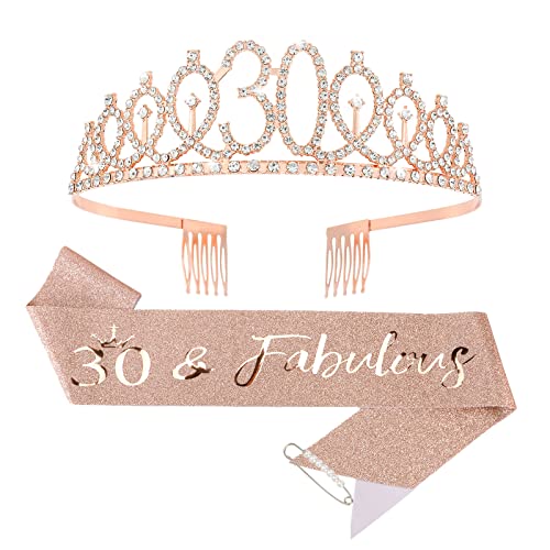 CIEHER 30th Birthday Crown + 30th Birthday Sash + Pearl Pin Set, 30th Birthday Decorations for Women 30th Birthday Gifts for Her 30 Cake Topper 30th Birthday Tiara Happy 30th Birthday Party Rose Gold