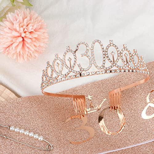 CIEHER 30th Birthday Crown + 30th Birthday Sash + Pearl Pin Set, 30th Birthday Decorations for Women 30th Birthday Gifts for Her 30 Cake Topper 30th Birthday Tiara Happy 30th Birthday Party Rose Gold