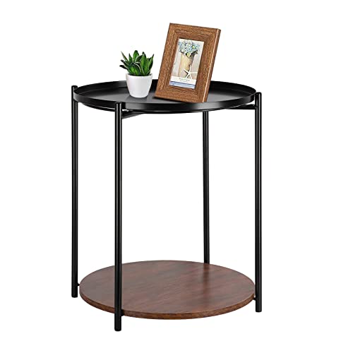 RUNTOP Round Side Table, Metal End Table with Removable Top Tray, Small Bedside Table Nightstand, 2 Tier Storage Shelf Wooden Side End Table for Living Room, Bedroom, Nursery, Sofa