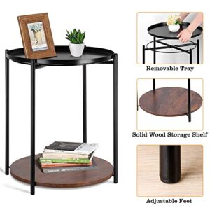 RUNTOP Round Side Table, Metal End Table with Removable Top Tray, Small Bedside Table Nightstand, 2 Tier Storage Shelf Wooden Side End Table for Living Room, Bedroom, Nursery, Sofa