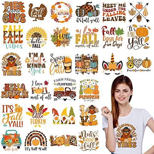 Qeeenar 30 Pcs Fall Iron on Transfers Pumpkin Patches Decals Autumn Appliques Iron on Transfers for T Shirts Thanksgiving Iron on Decals Heat Transfer Sticker for Clothes Pillow Covers DIY Decorations