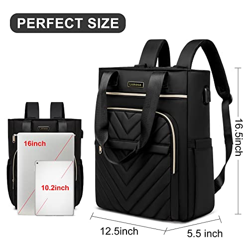 Backpack Purse for Women, Large Wide Open Bookbag with USB Charging Port Nurse Teacher Tote Bag, 15.6 Inch Convertible Work Laptop Bag, Water Resistant Daypack for College, Travel, Business, Black