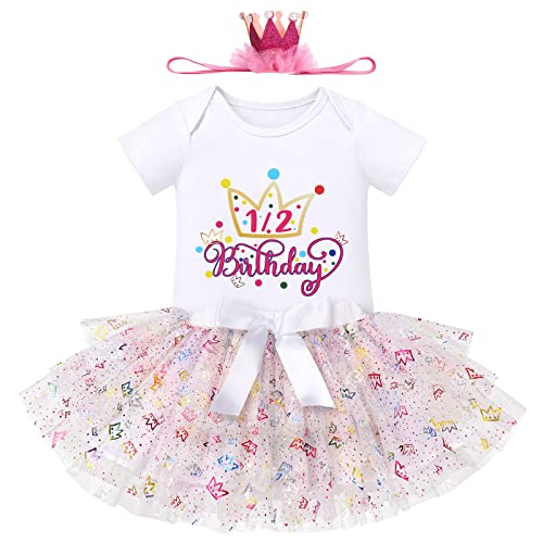 IBTOM CASTLE Baby Girl Clothes, Infant Toddler 1/2 Birthday Cake Smash Outfit Princess Romper Bodysuit +Tutu Skirts +Crown Baby Shower Newborn Photography Clothes Set Crown 9-12 Months