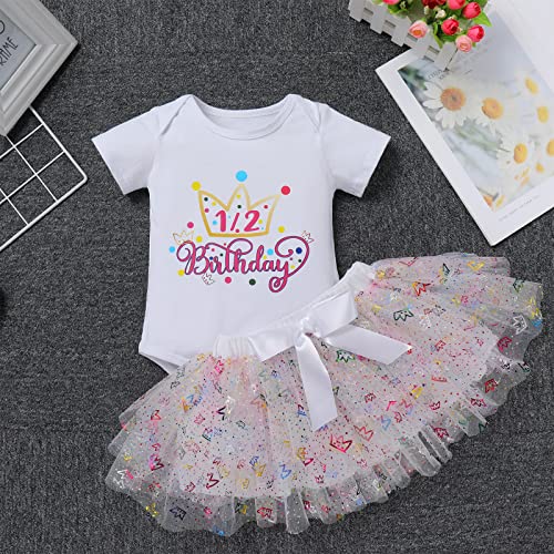 IBTOM CASTLE Baby Girl Clothes, Infant Toddler 1/2 Birthday Cake Smash Outfit Princess Romper Bodysuit +Tutu Skirts +Crown Baby Shower Newborn Photography Clothes Set Crown 9-12 Months