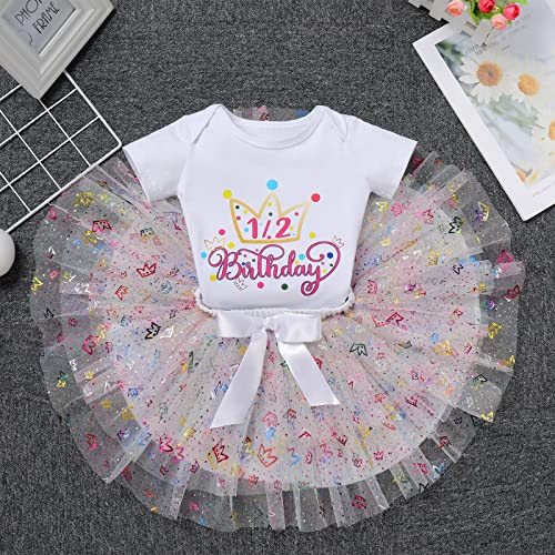 IBTOM CASTLE Baby Girl Clothes, Infant Toddler 1/2 Birthday Cake Smash Outfit Princess Romper Bodysuit +Tutu Skirts +Crown Baby Shower Newborn Photography Clothes Set Crown 9-12 Months