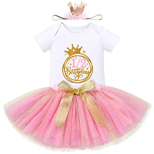 Baby Girl Birthday Tutu - Cake Smash Outfit Gir Infant Toddler 1/2 Birthday Cake Smash Outfit Princess Romper +Tutu Skirts +Crown Baby Shower Newborn Photography Clothes Set Gold Pink 3-6 Months