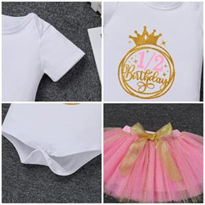 Baby Girl Birthday Tutu - Cake Smash Outfit Gir Infant Toddler 1/2 Birthday Cake Smash Outfit Princess Romper +Tutu Skirts +Crown Baby Shower Newborn Photography Clothes Set Gold Pink 3-6 Months