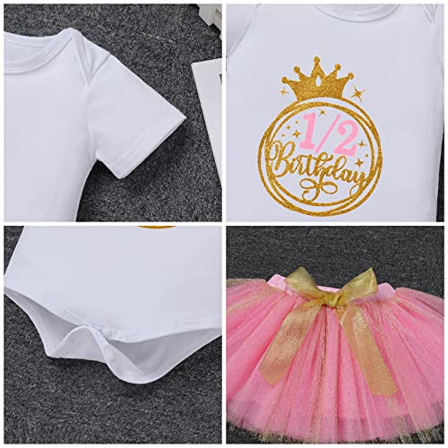 Baby Girl Birthday Tutu - Cake Smash Outfit Gir Infant Toddler 1/2 Birthday Cake Smash Outfit Princess Romper +Tutu Skirts +Crown Baby Shower Newborn Photography Clothes Set Gold Pink 3-6 Months