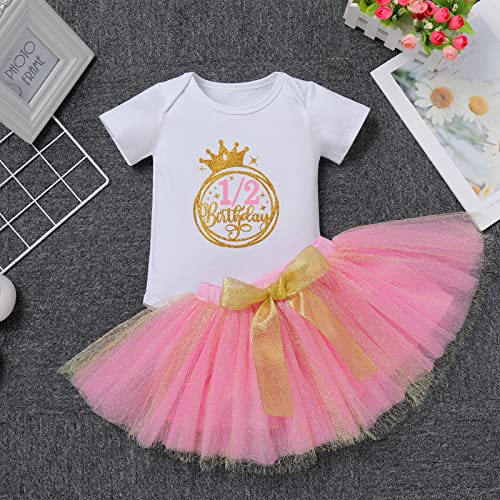 Baby Girl Birthday Tutu - Cake Smash Outfit Gir Infant Toddler 1/2 Birthday Cake Smash Outfit Princess Romper +Tutu Skirts +Crown Baby Shower Newborn Photography Clothes Set Gold Pink 3-6 Months