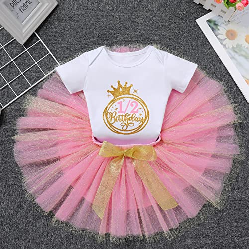 Baby Girl Birthday Tutu - Cake Smash Outfit Gir Infant Toddler 1/2 Birthday Cake Smash Outfit Princess Romper +Tutu Skirts +Crown Baby Shower Newborn Photography Clothes Set Gold Pink 3-6 Months