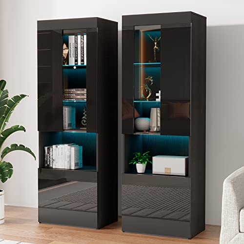 AMERLIFE 2 Piece 71in Tall Bookcase Storage Cabinet with Glass Doors, Modern High Gloss LED Bookshelf Display with 5 Tiers for Storage & Adjustable Glass Shelves for Living Room, Office, Black