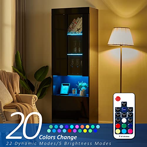 AMERLIFE 2 Piece 71in Tall Bookcase Storage Cabinet with Glass Doors, Modern High Gloss LED Bookshelf Display with 5 Tiers for Storage & Adjustable Glass Shelves for Living Room, Office, Black