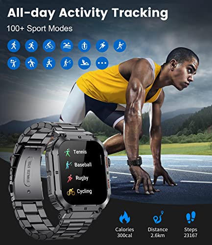 Smart Watches For Men Rugged Make/Answer Calls Voice Assistant 1.96in IPS Big Screen 400mAh Long-Lasting Battery 5ATM Waterproof Fitness Heart Rate Step Calorie Tracker Android iOS Men's Smartwatch