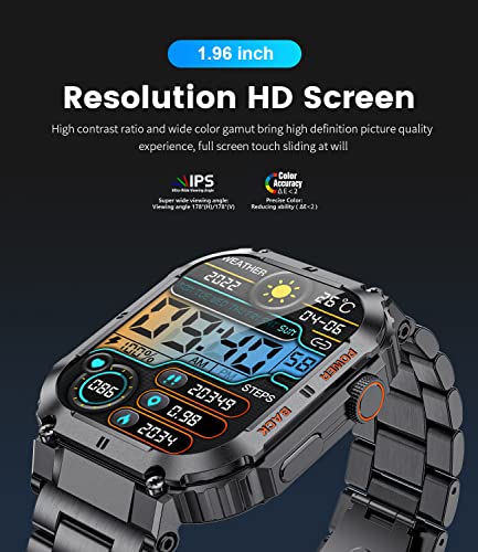 Smart Watches For Men Rugged Make/Answer Calls Voice Assistant 1.96in IPS Big Screen 400mAh Long-Lasting Battery 5ATM Waterproof Fitness Heart Rate Step Calorie Tracker Android iOS Men's Smartwatch