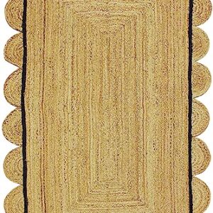 Casavani Scalloped Collection Rectangular Area Trend Rug - 4' x 6', Beige and Yellow, Braided Jute Rug With Scallop Design Ideal for High Traffic Areas in Entryway, Living Room, Bedroom