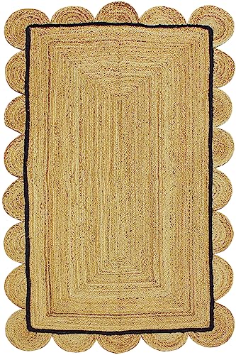 Casavani Scalloped Collection Rectangular Area Trend Rug - 4' x 6', Beige and Yellow, Braided Jute Rug With Scallop Design Ideal for High Traffic Areas in Entryway, Living Room, Bedroom