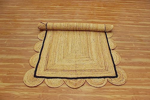 Casavani Scalloped Collection Rectangular Area Trend Rug - 4' x 6', Beige and Yellow, Braided Jute Rug With Scallop Design Ideal for High Traffic Areas in Entryway, Living Room, Bedroom