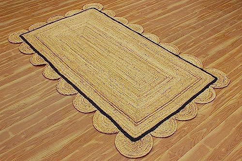 Casavani Scalloped Collection Rectangular Area Trend Rug - 4' x 6', Beige and Yellow, Braided Jute Rug With Scallop Design Ideal for High Traffic Areas in Entryway, Living Room, Bedroom