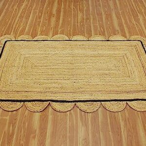 Casavani Scalloped Collection Rectangular Area Trend Rug - 4' x 6', Beige and Yellow, Braided Jute Rug With Scallop Design Ideal for High Traffic Areas in Entryway, Living Room, Bedroom