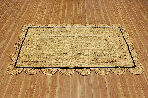 Casavani Scalloped Collection Rectangular Area Trend Rug - 4' x 6', Beige and Yellow, Braided Jute Rug With Scallop Design Ideal for High Traffic Areas in Entryway, Living Room, Bedroom