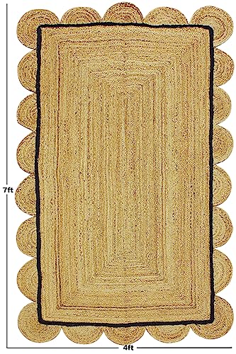 Casavani Scalloped Collection Rectangular Area Trend Rug - 4' x 6', Beige and Yellow, Braided Jute Rug With Scallop Design Ideal for High Traffic Areas in Entryway, Living Room, Bedroom