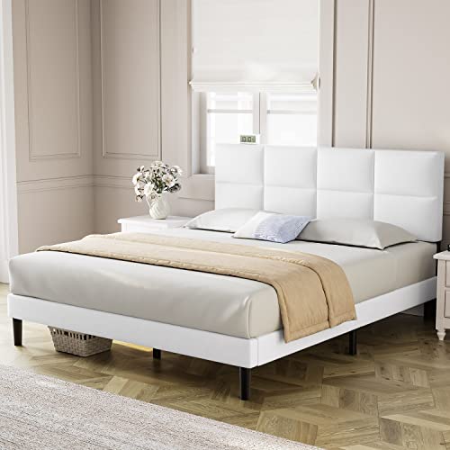 Molblly Full Size Bed Frame Upholstered Platform with Headboard, Strong Frame and Wooden Slats Support, Linen Fabric Wrap, Non-Slip and Noise-Free,No Box Spring, Easy Assembly, Off-White