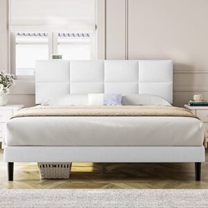 Molblly Full Size Bed Frame Upholstered Platform with Headboard, Strong Frame and Wooden Slats Support, Linen Fabric Wrap, Non-Slip and Noise-Free,No Box Spring, Easy Assembly, Off-White