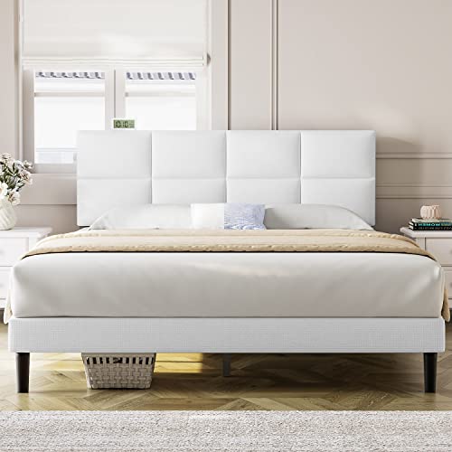 Molblly Full Size Bed Frame Upholstered Platform with Headboard, Strong Frame and Wooden Slats Support, Linen Fabric Wrap, Non-Slip and Noise-Free,No Box Spring, Easy Assembly, Off-White