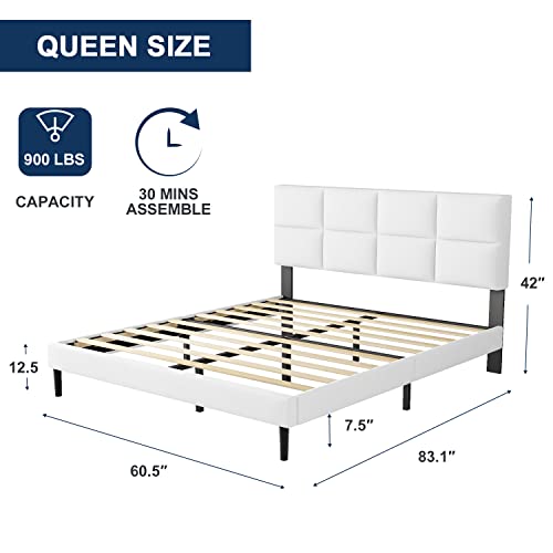 Molblly Queen Bed Frame Upholstered Platform with Headboard, Strong Frame and Wooden Slats Support, Linen Fabric Wrap, Non-Slip and Noise-Free,No Box Spring Needed, Easy Assembly, Off-White