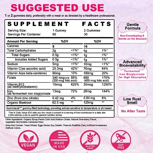 Iron Gummies Supplement - Vegan Iron Bisglycinate Filled Gummies with Vitamin C, Folate - Blood Builder, Energy Support for Iron Deficiency - Iron Gummies for Women, No After Taste, Strawberry Flavor