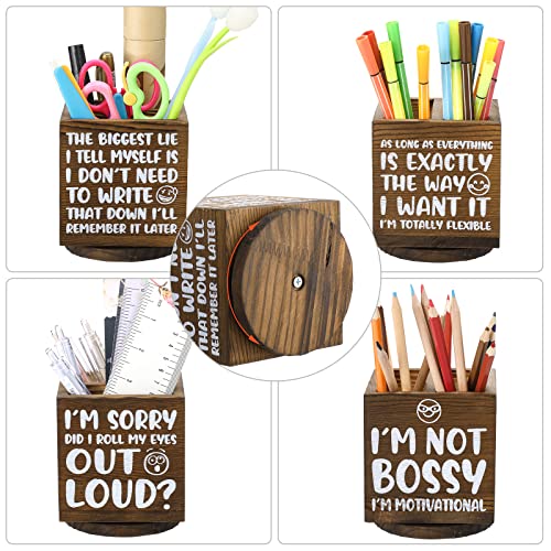 Wooden Spinning Pen Holder for Desk I'll Remember It Later Pencil Holder Cute Organizer Funny Desk Decor Pencil Case Art Supply Storage Box for Home Office (Brown)