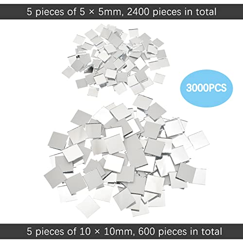 Self-Adhesive 5×5mm 2400pcs and 10×10mm 600pcs,Glass Mosaic Mirror Tiles Square Sticker Disco Ball for DIY Craft Decoration Silver (Silver)