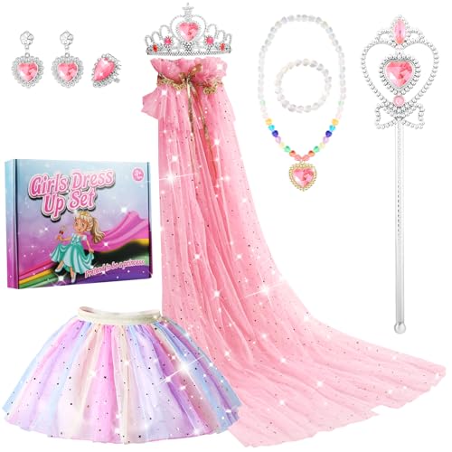 EFOSHM 9PCS Princess Dress Up Clothes for Little Girls Princess Cape Set,Princess Dresses Halloween Costume Accessories Cosplay Cloak With Jewelry Tiara Crown Skirt for 3-8 Year Old Girl Holiday Gift