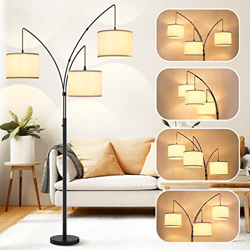 3 Lights Arc Floor Lamps for Living Room,Modern Tall Standing Lamp Hanging Over The Couch with Shades & Heavy Base,Mid Century Black Tree Floor Lamp for Bedroom Office